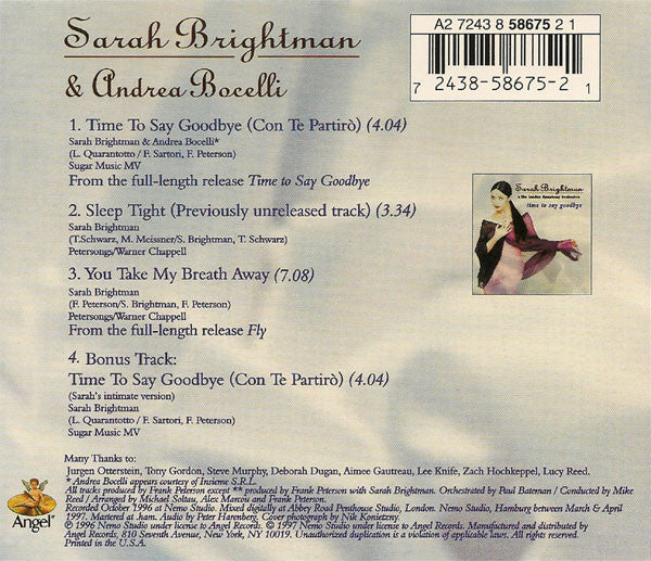 Sarah Brightman & Andrea Bocelli – Time To Say Goodbye CD Single - Use ...